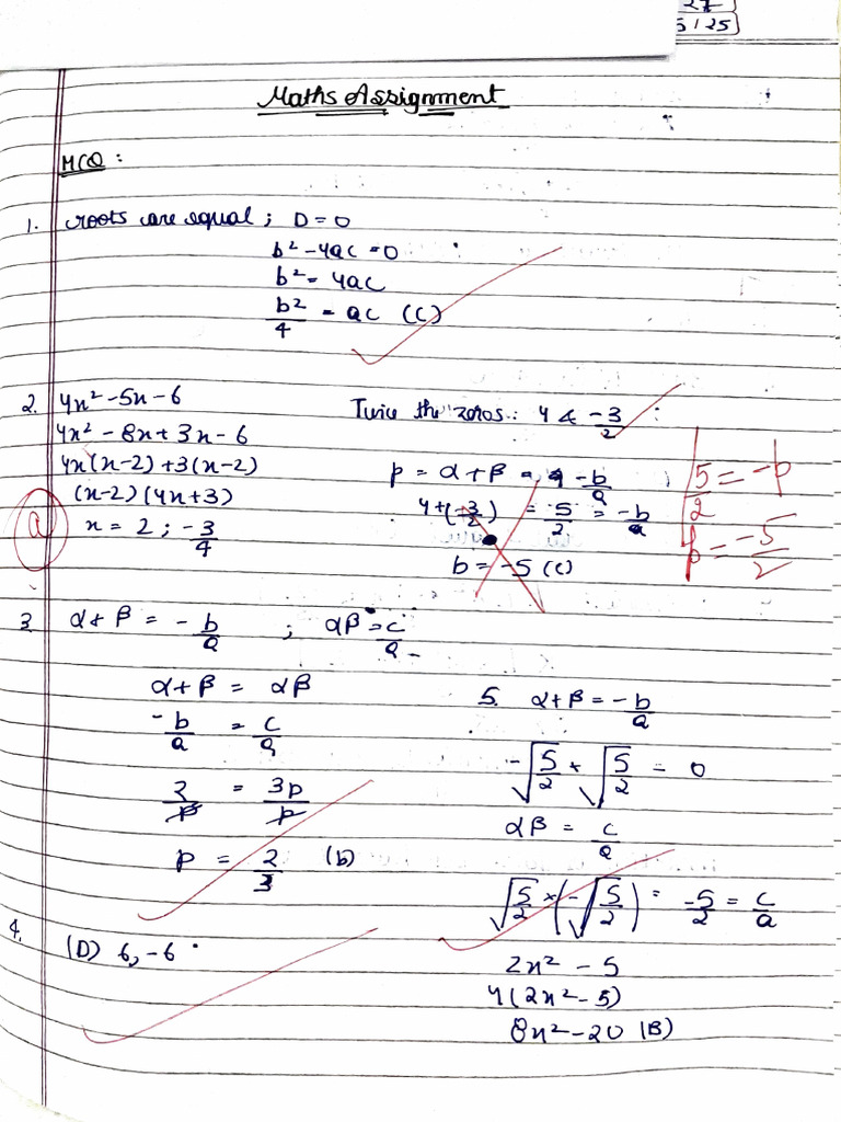 Quadratic Eqns Assignment Solutions | PDF