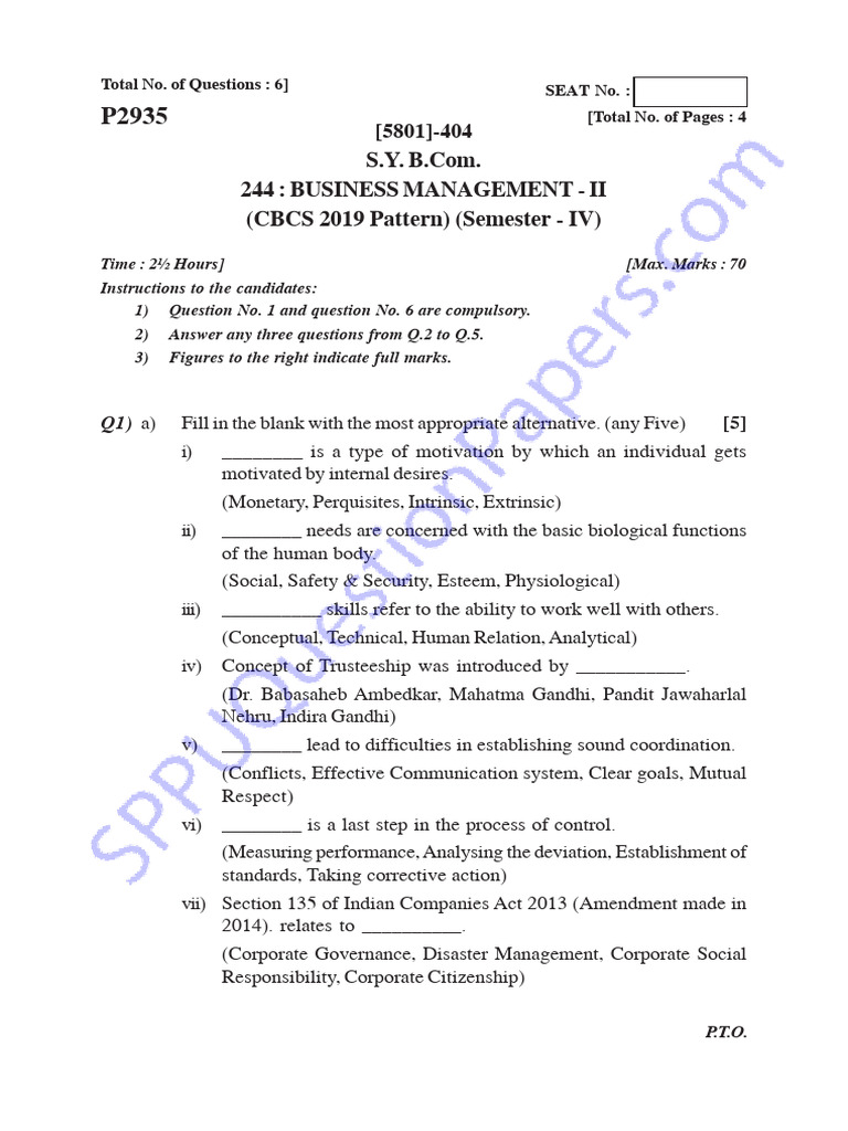 Commerce Bcom Semester-4 2022 April Business-Management-Ii-2019-Pattern | PDF | Cognition ...