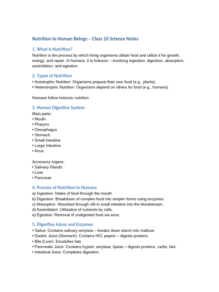 Class 10 Nutrition in Humans Notes | PDF