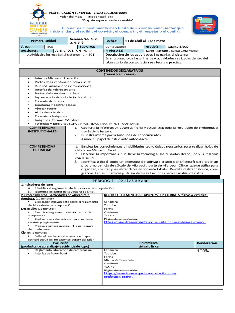 4to Baco CB Planificación Semana 1 2 3 4 5 U22 | PDF | Microsoft | Microsoft Excel