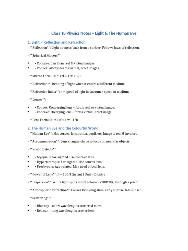 Class 10 Physics Summary Notes | PDF