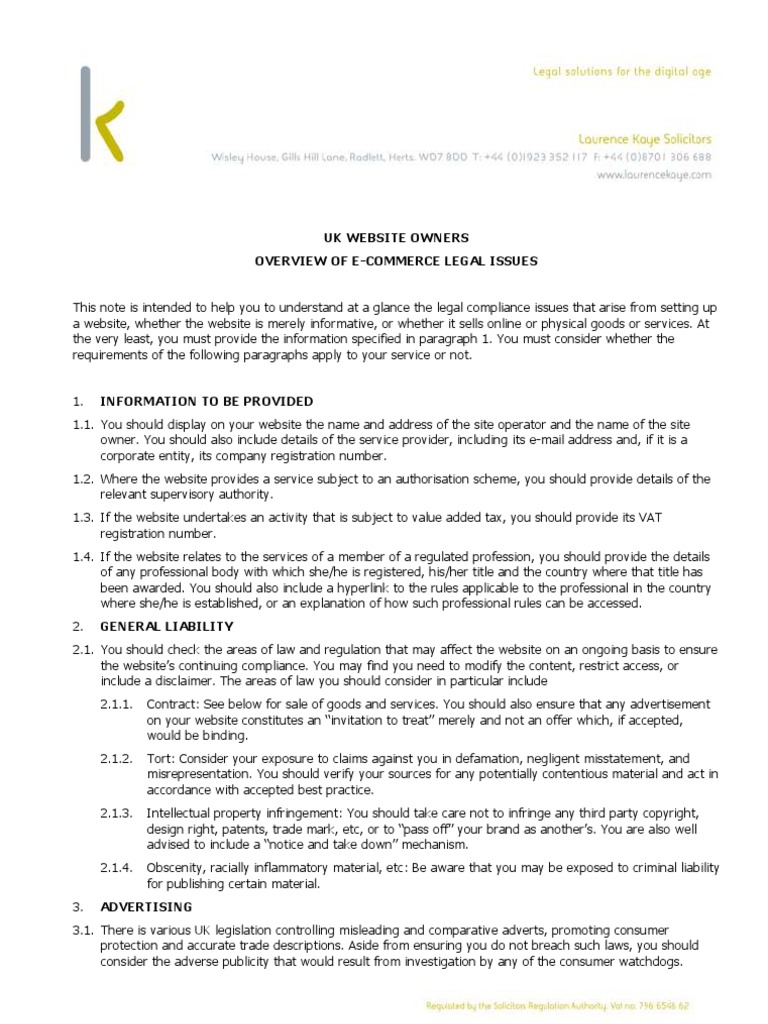 GUIDANCE NOTE: UK Website Owners 2013 Overview of E-Commerce Legal ...