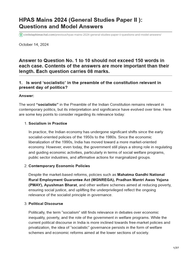 HPAS Mains 2024 General Studies Paper II Questions and Model Answers | PDF | Non Governmental ...