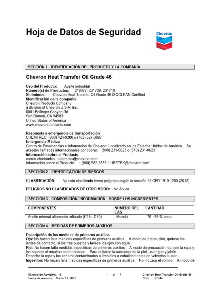 MSDS Chevron Heat Transfer Oil Grade 46 11-03-2021 | PDF | Solubilidad ...