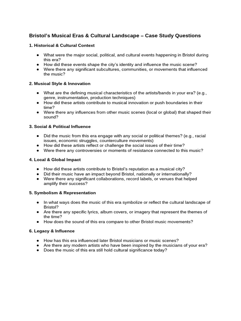 412 Bristol's Musical Eras & Cultural Landscape - Case Study Questions ...