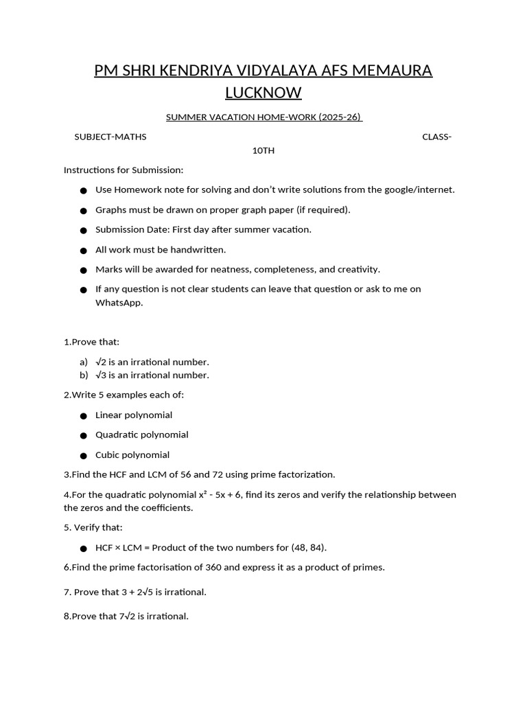 10th-Summer Vacation Homework-2 | PDF | Polynomial | Factorization