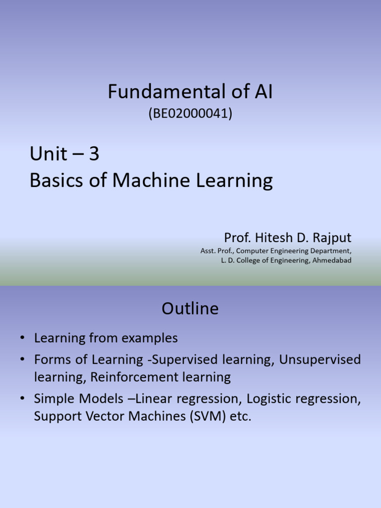 BE02000041 Funda of AI Unit 3 Basics of ML | PDF | Machine Learning | Support Vector Machine