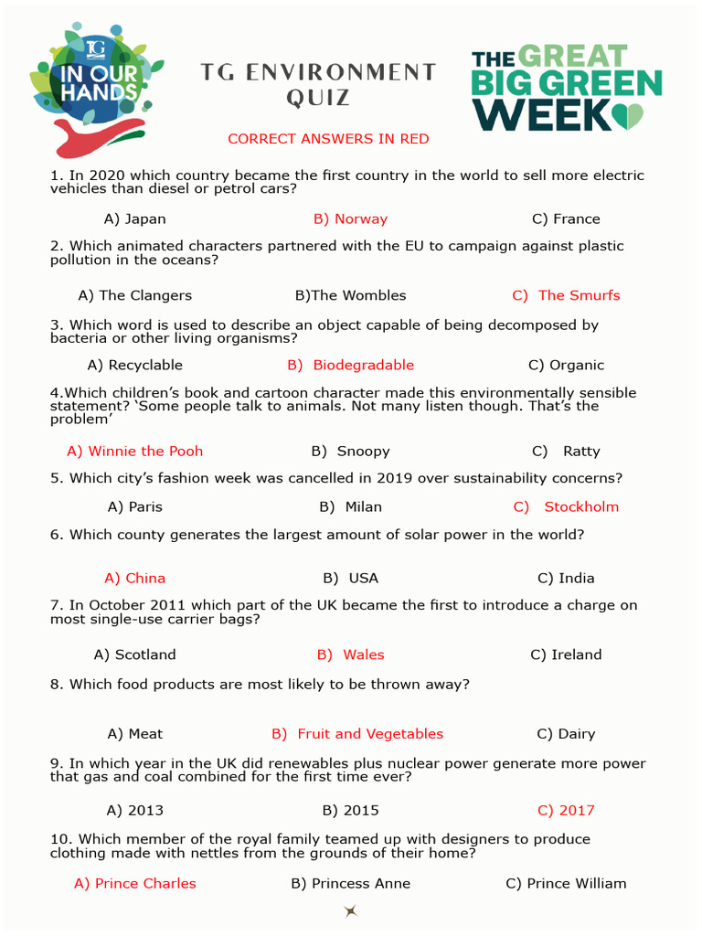 Environment Quiz Answers | PDF | Recycling | Plastic