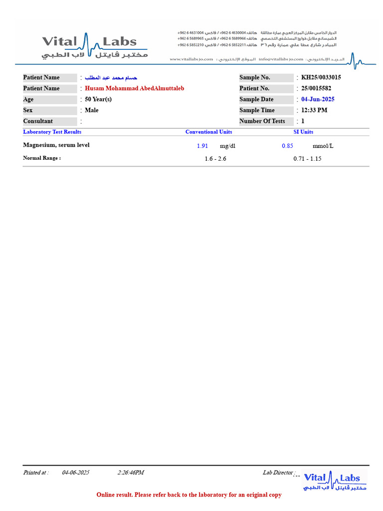 Husam Mohammad Abedalmuttaleb: Patient Name Patient No. Sample No. 25/ ...