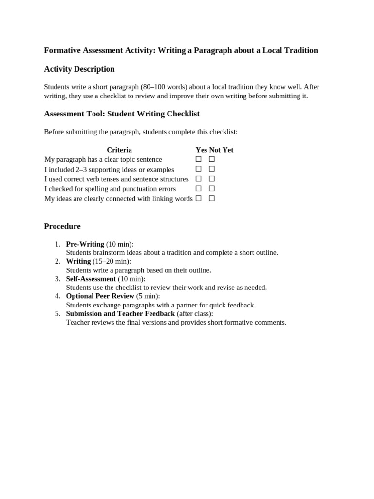 SAMPLE TASK 1 - Formative Assessment Activity | PDF