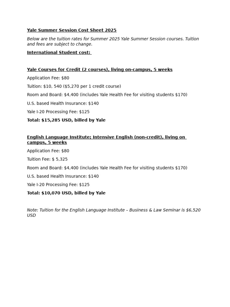 Yale Summer Session Cost Sheet 2025 | PDF