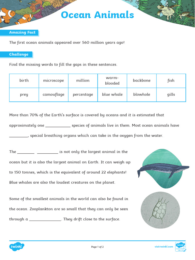 T TP 1652971265 Ocean Animals Cloze Activity Ver 1 | PDF | Whales | Fish