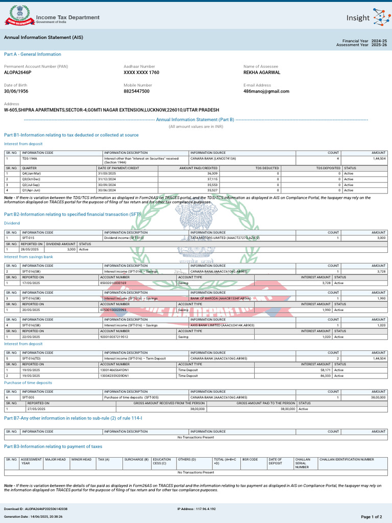 Xxxpa2646x 2024-25 Ais Unlocked | PDF | Tax Refund | Taxes