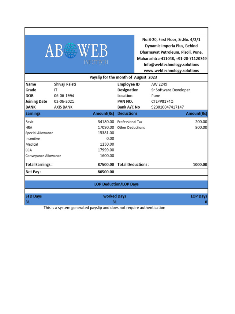 August 2023 Employee Payslip Summary | PDF