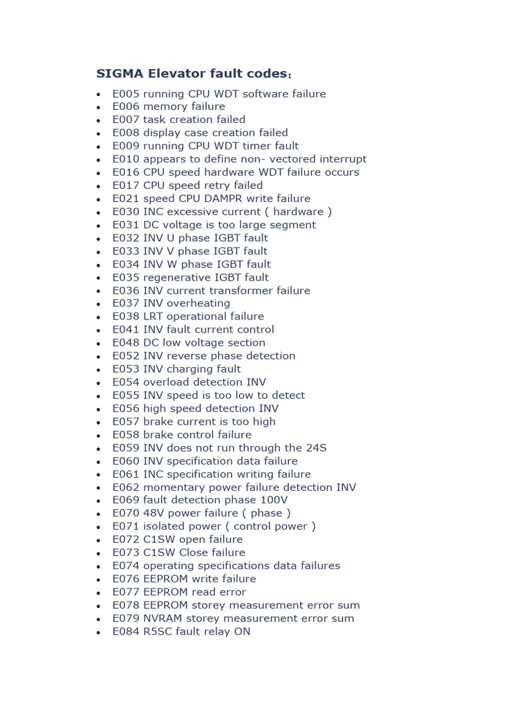 SIGMA Elevator Fault Codes | PDF | Manufactured Goods | Electrical ...