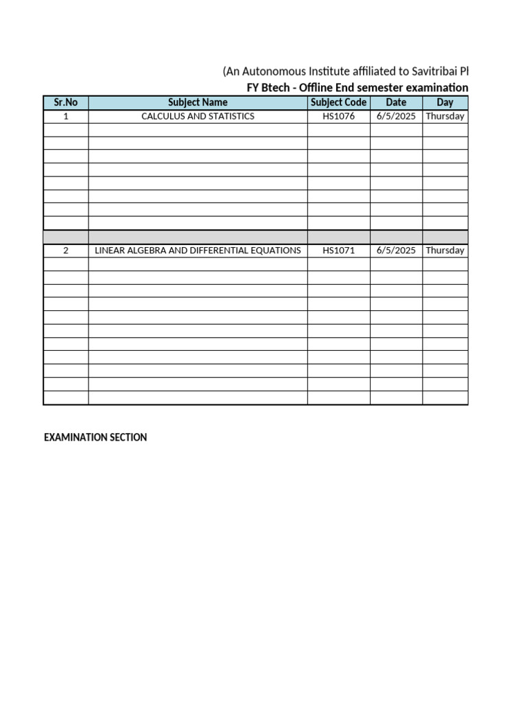 FY BTech Coursewise Schedule - Offline Exam 2024-25 Sem-2 | PDF