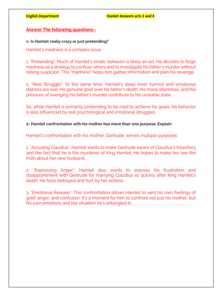 Hamlet's Madness and Revenge Strategies | PDF | Hamlet | Psychological ...