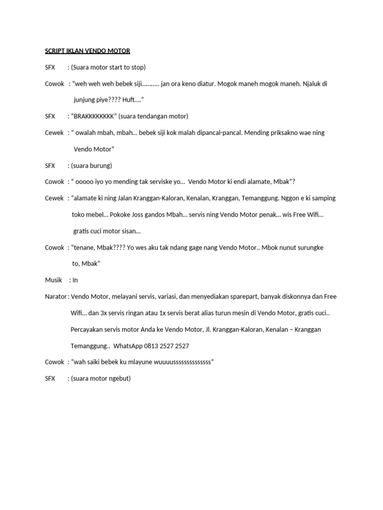 Script Iklan Vendo Motor | PDF