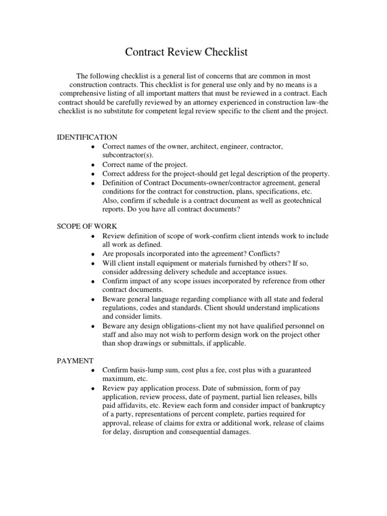 Contract Review Checklist | PDF | Indemnity | Insurance