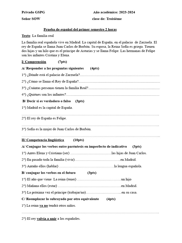 Prueba de español: La familia real española | PDF | España