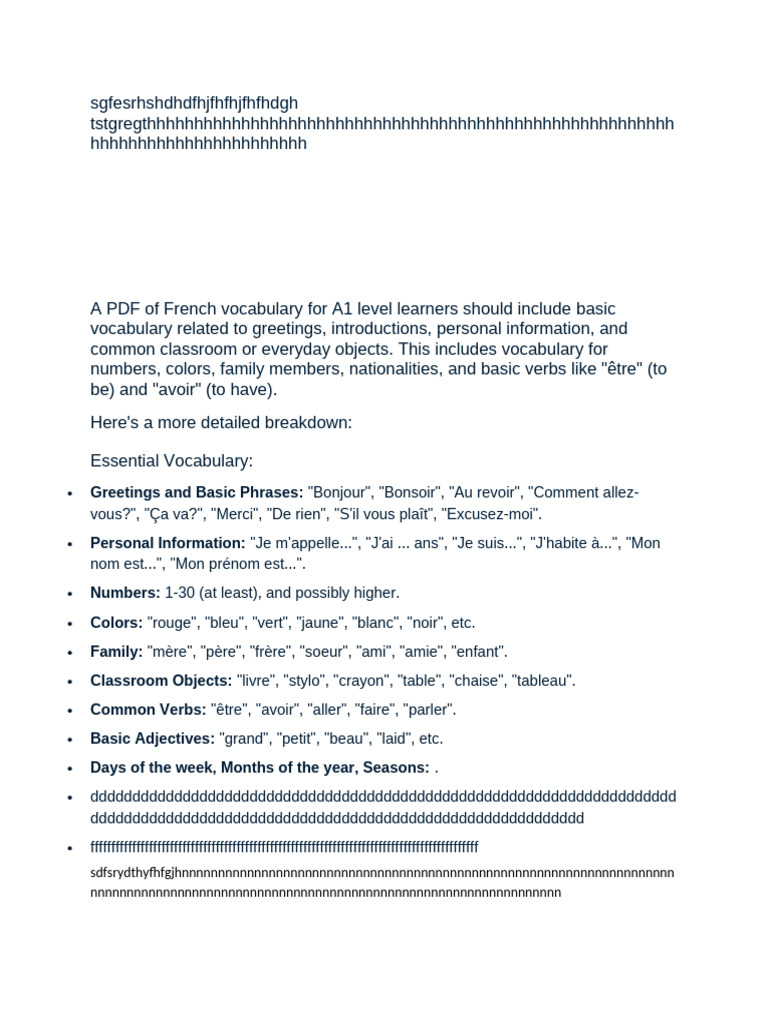 A1 French Vocabulary Essentials PDF | PDF