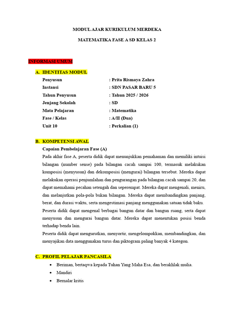 Modul Ajar MTK (Perkalian) | PDF