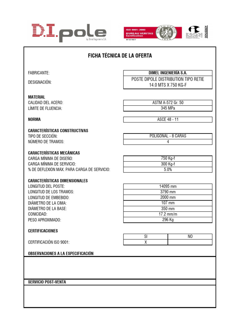 Ficha Técnica Poste Fibra 14 Mts | PDF