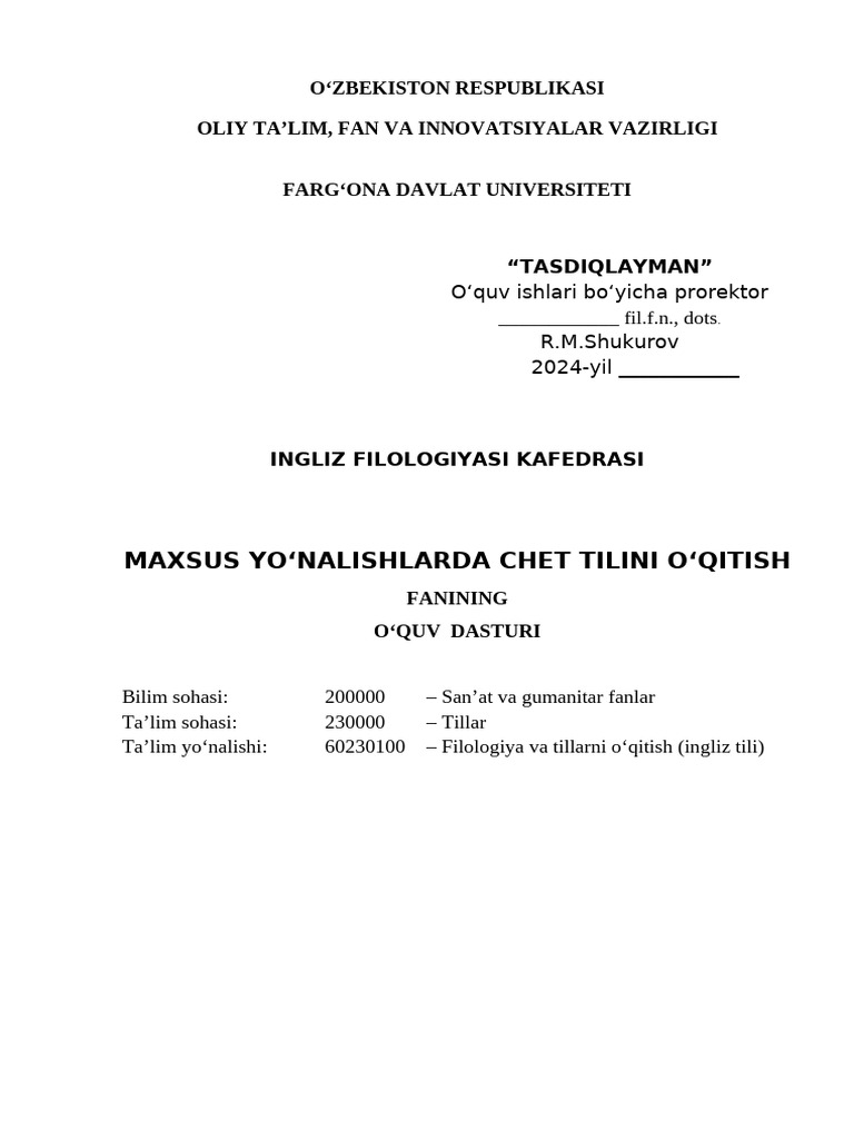 A Max Yon Chet Til O'qish Dastur | PDF