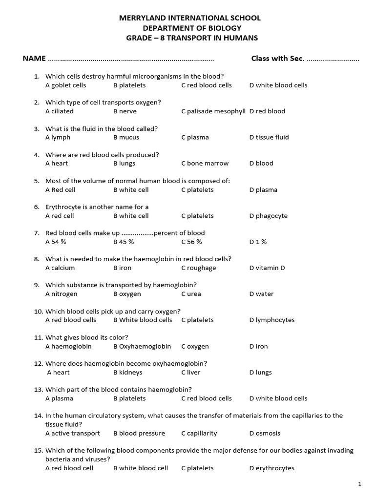 Grade 8 Human Blood Transport Quiz | PDF | Atrium (Heart) | Circulatory ...