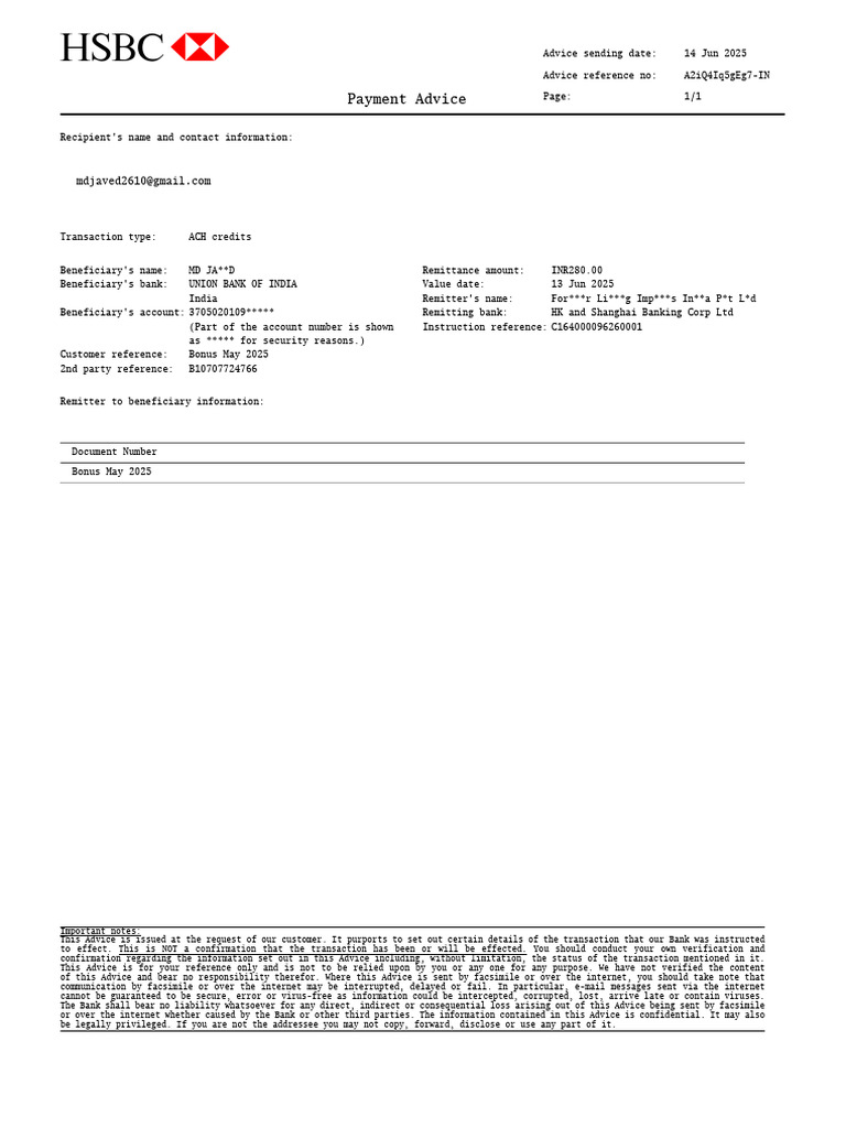 ACH Payment Advice - June 2025 | PDF | Banks
