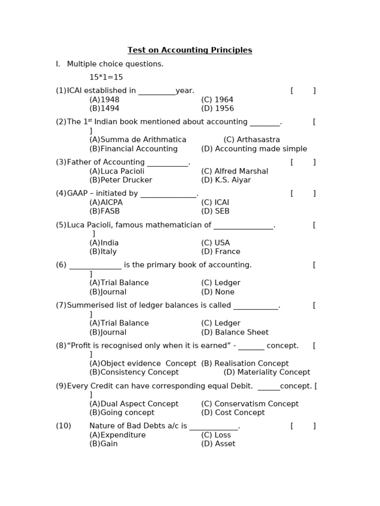 Accounting Principles Test Questions | PDF | Debits And Credits ...