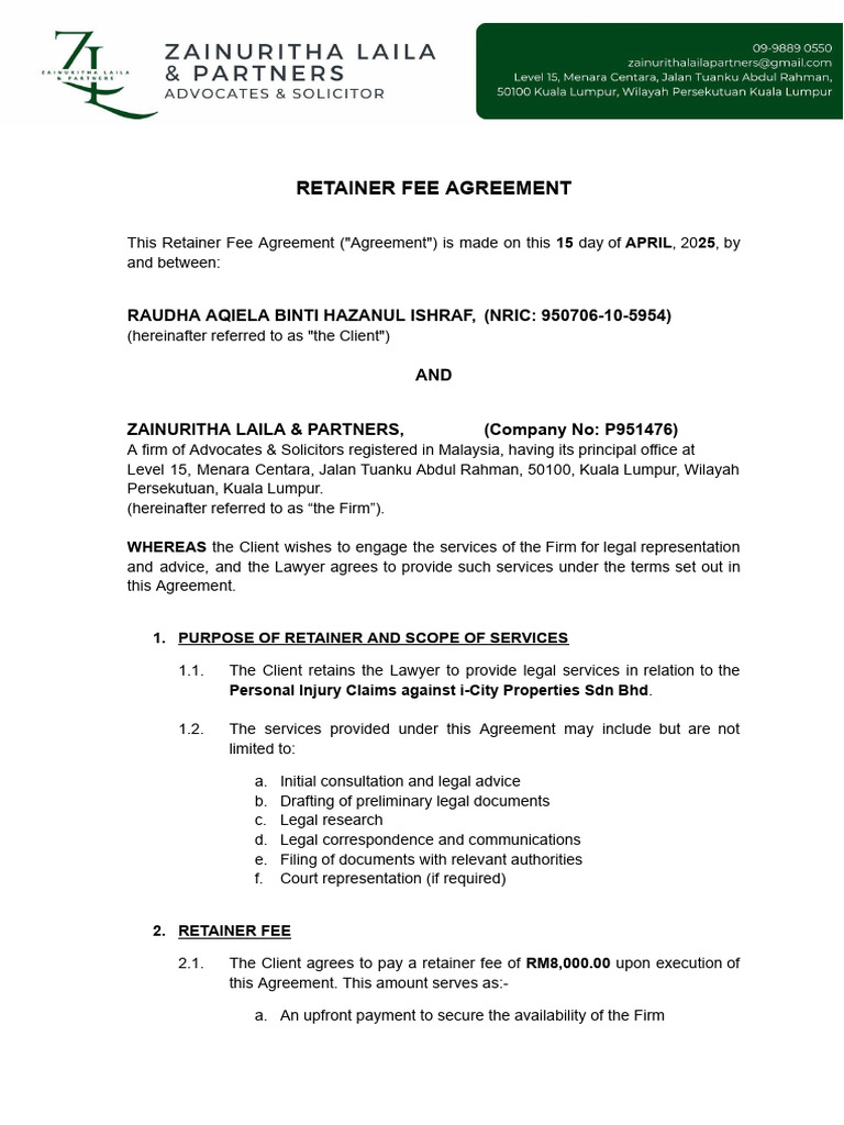 Retainer Fee Letter | PDF | Lawyer | Common Law