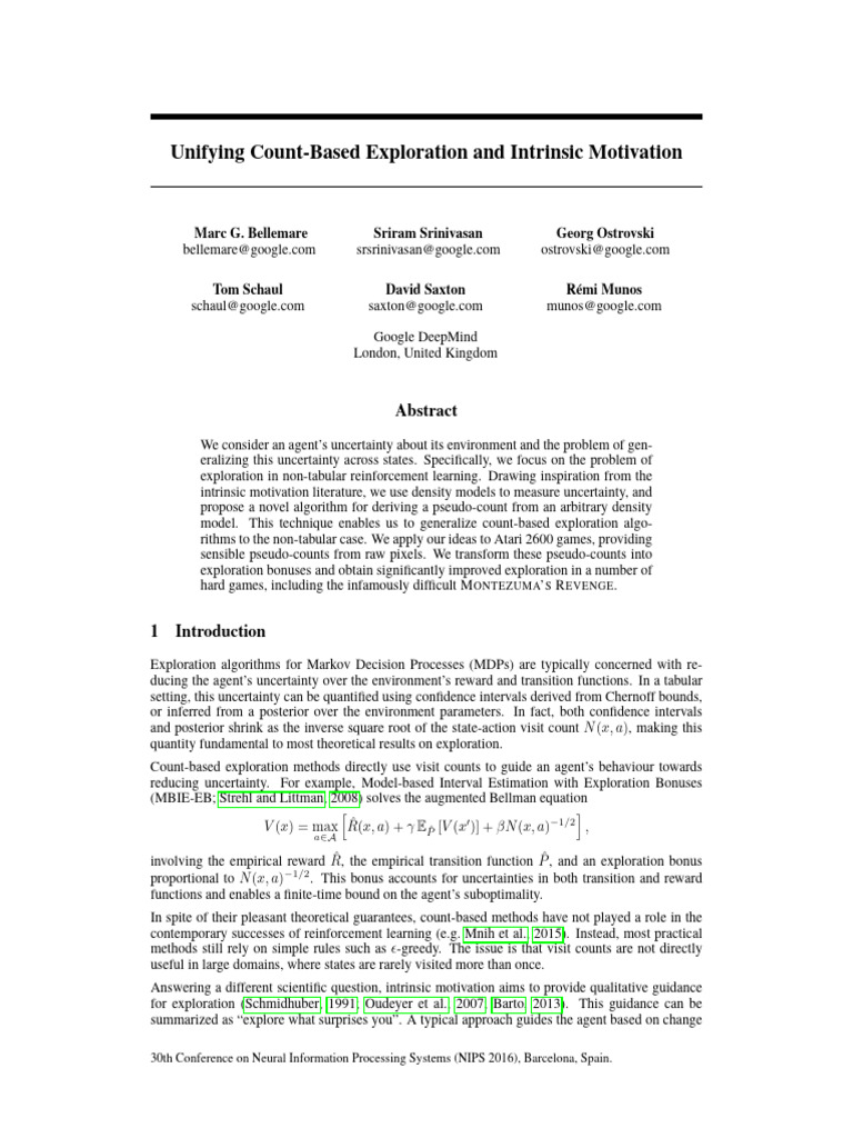 Unifying Count-Based Exploration and Intrinsic Motivation | PDF | Sequence | Bayesian Inference