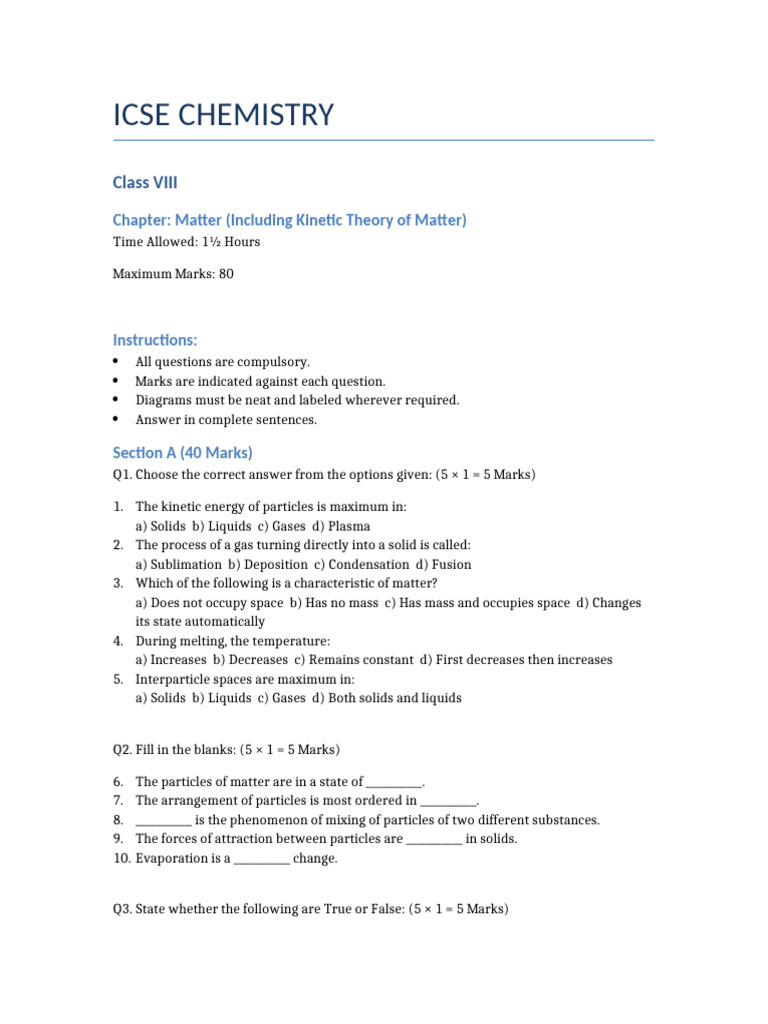 Class 8 ICSE Chemistry Matter Question Paper | PDF | Gases | Evaporation