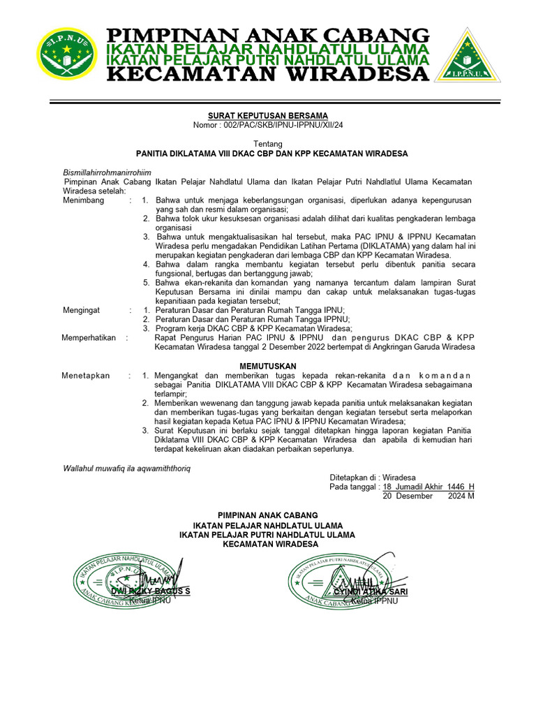 Surat Keputusan Bersama Diklatama | PDF