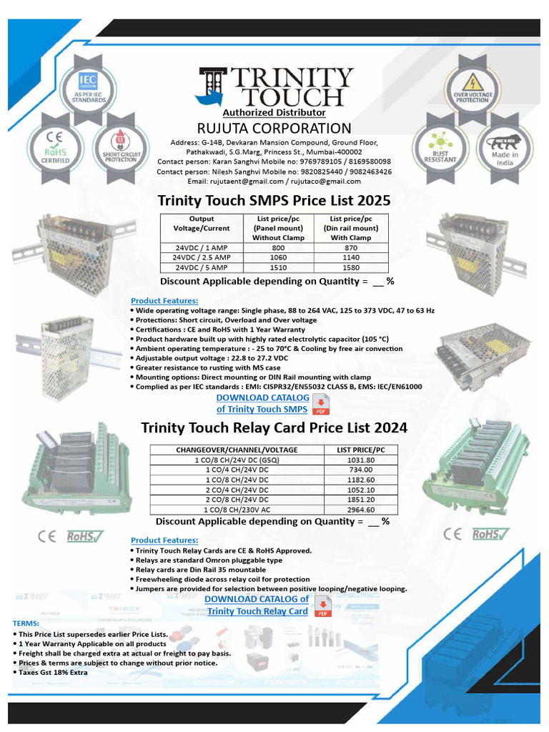 3) Trinity Touch Relay Card, SMPS, Duct,Din Rail Price List | PDF ...