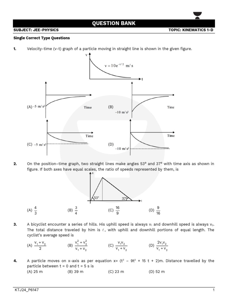 JEE Physics Kinematics Question Bank | PDF | Velocity | Acceleration