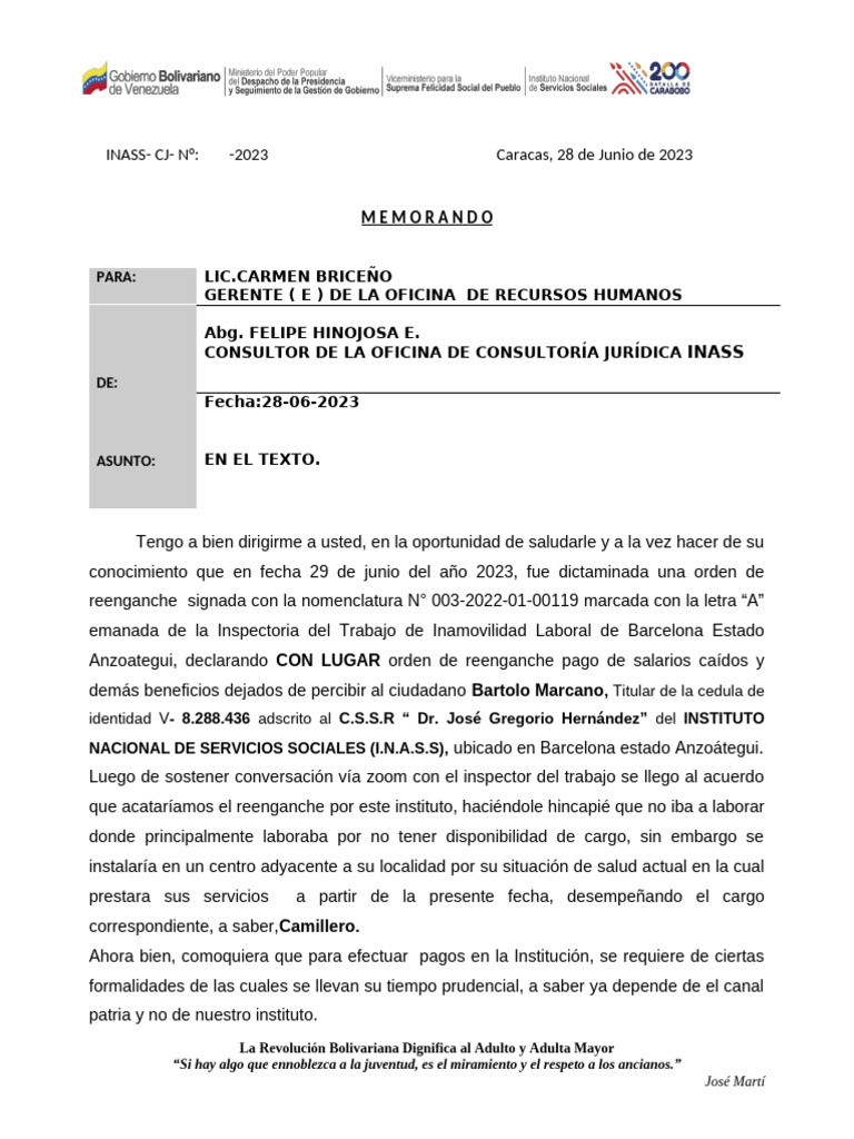 Orden de Reenganche Bartolo Marcano | PDF