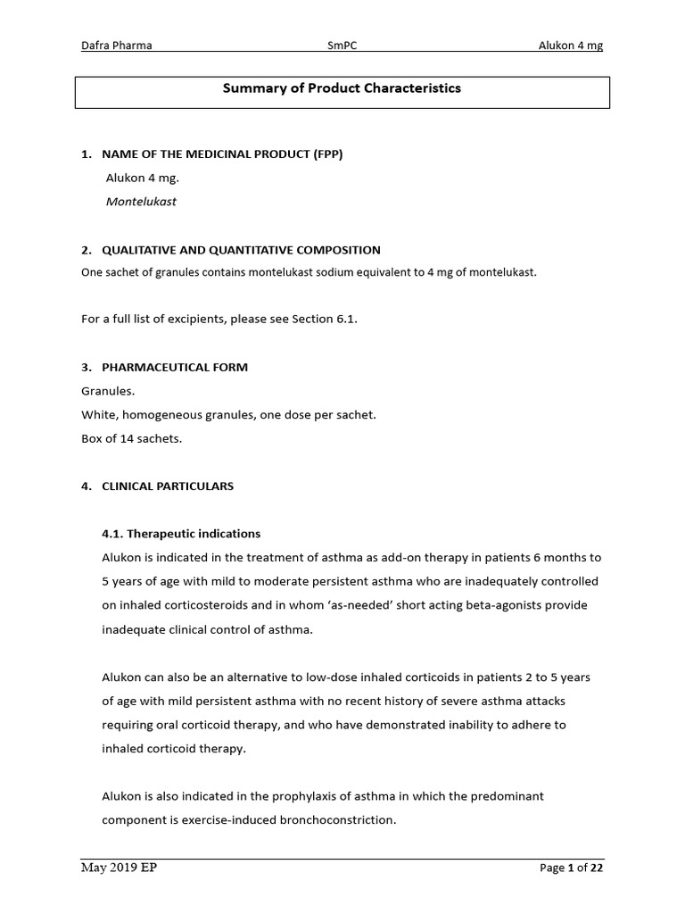 Alukon 4 MG Montelukast 4mg Chewable Tablet SMPC | PDF | Asthma ...