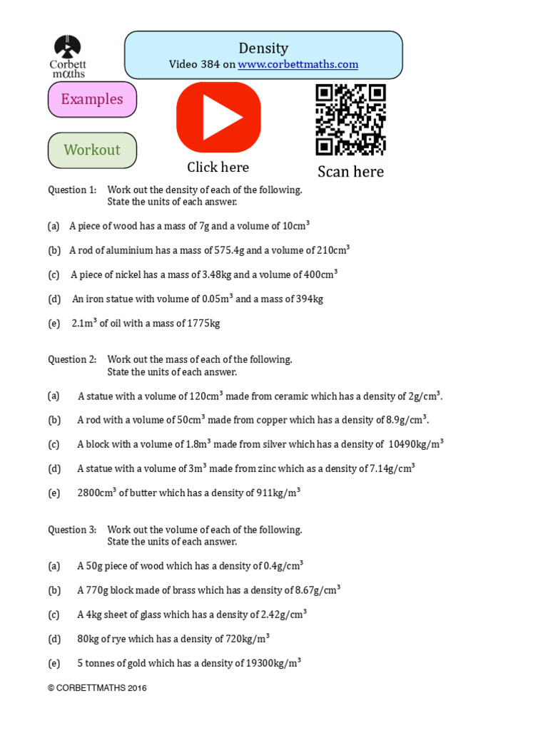 CorbettMaths Density Calculations | PDF