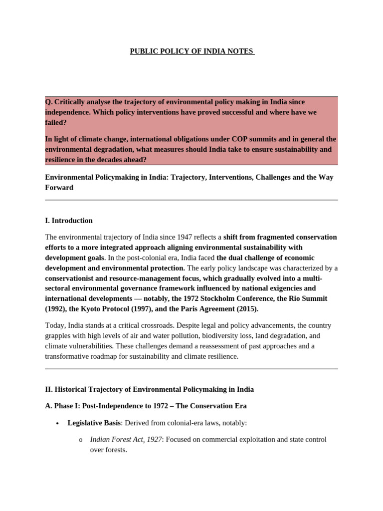 Public Policy of India Notes | PDF | Environmental Protection ...
