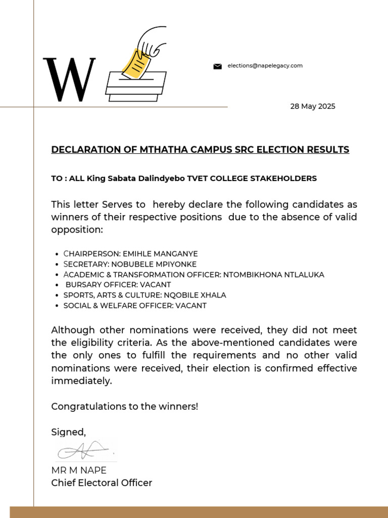Mthatha Campus SRC Election Results 2025 | PDF