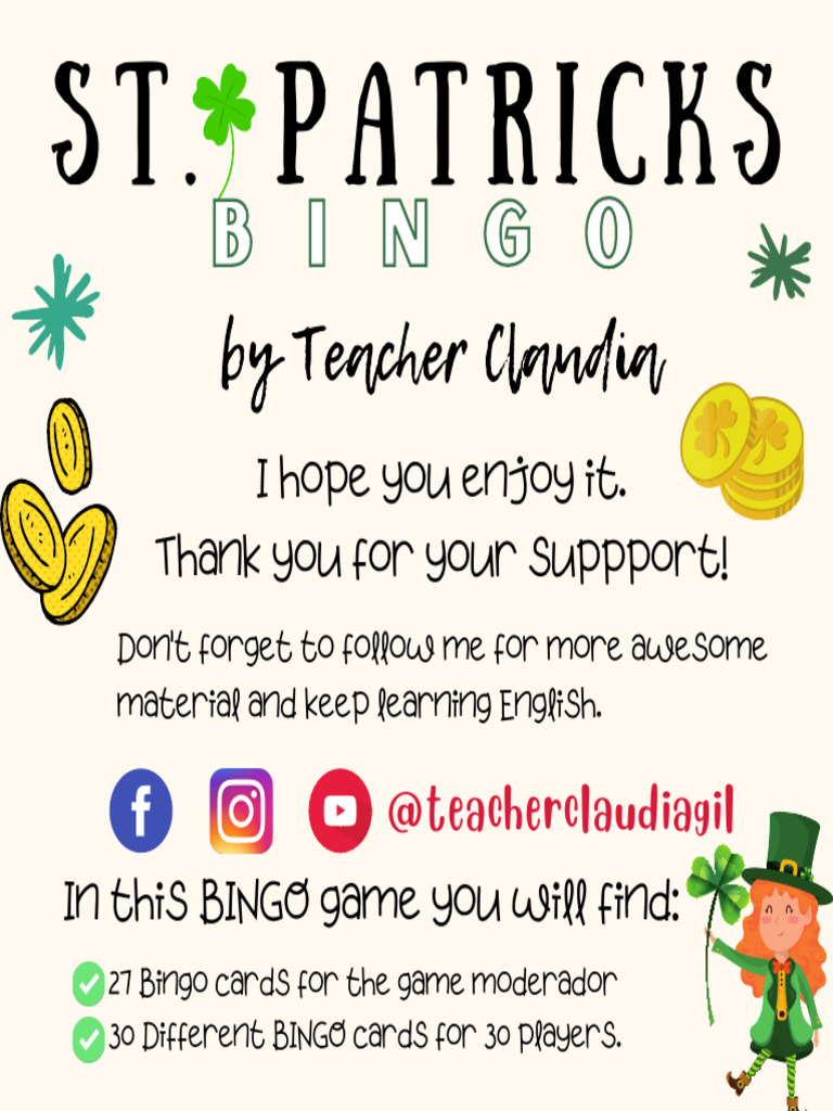 BINGO ST Patricks Day by Teacher Claudia | PDF | Leprechaun | Irish People