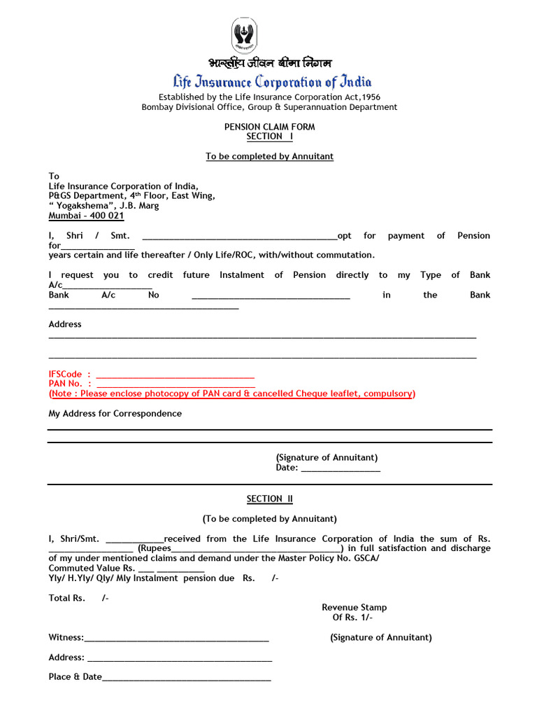 LIC Pension Claim and Nomination Form | PDF | Pension | Taxes