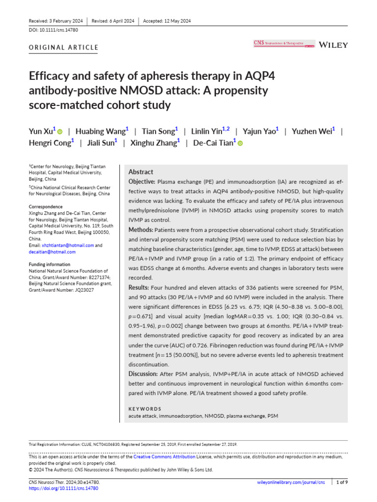Efficacy and Safety of Apheresis Therapy in AQP4 Antibody Positive ...