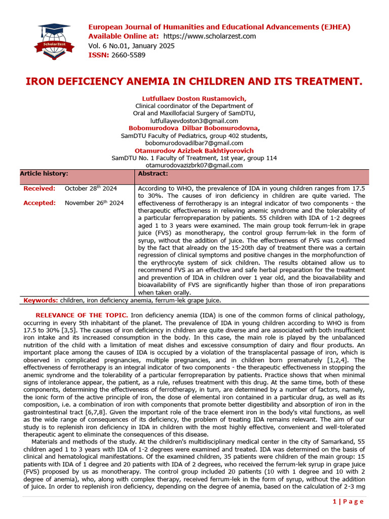 Iron Deficiency Anemia in Children and Its Treatment. | PDF | Anemia ...