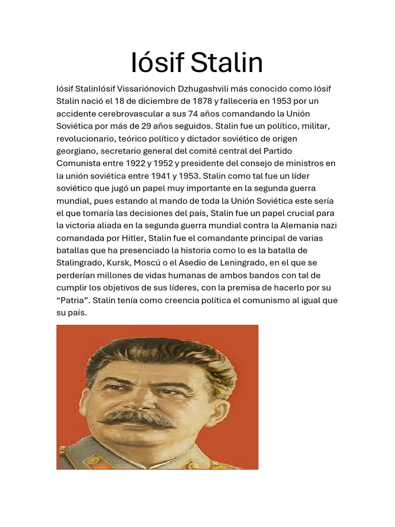 Biografía de Iósif Stalin: Dictador Soviético | PDF
