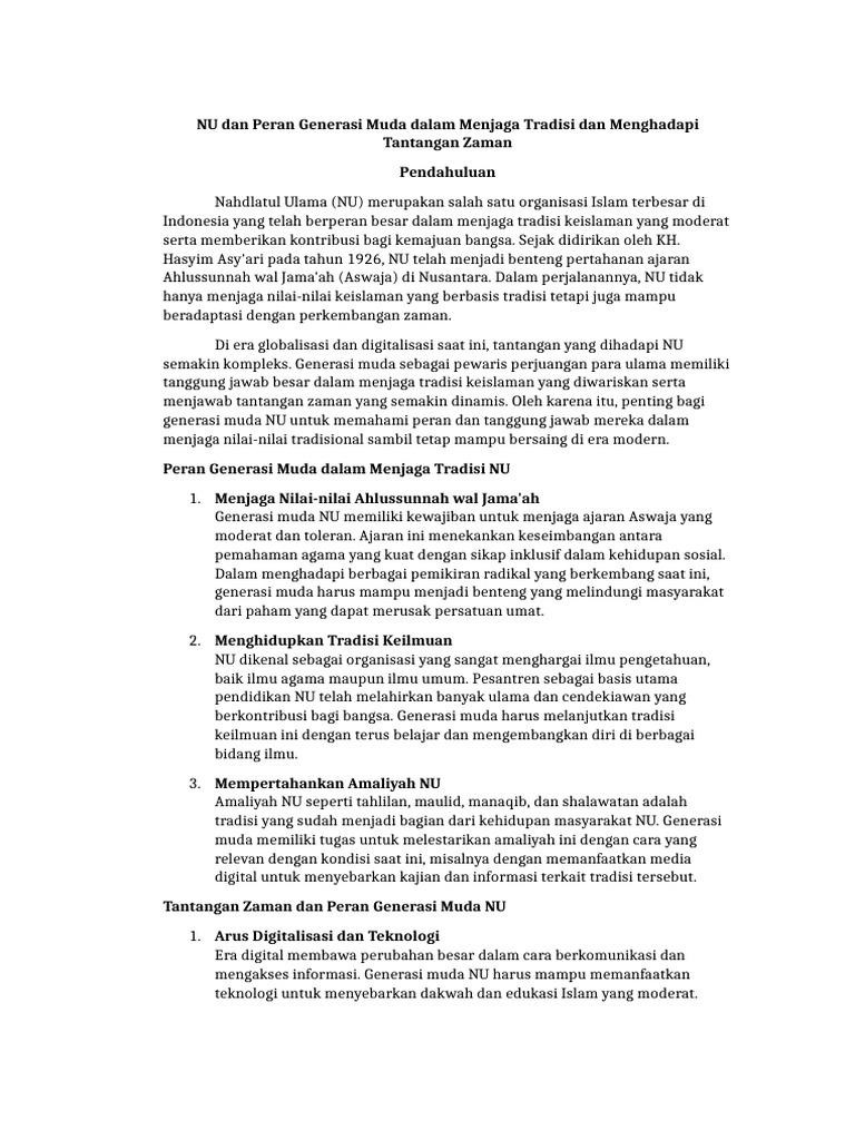 NU Dan Peran Generasi Muda Dalam Menjaga Tradisi Dan Menghadapi Tantangan Zaman | PDF