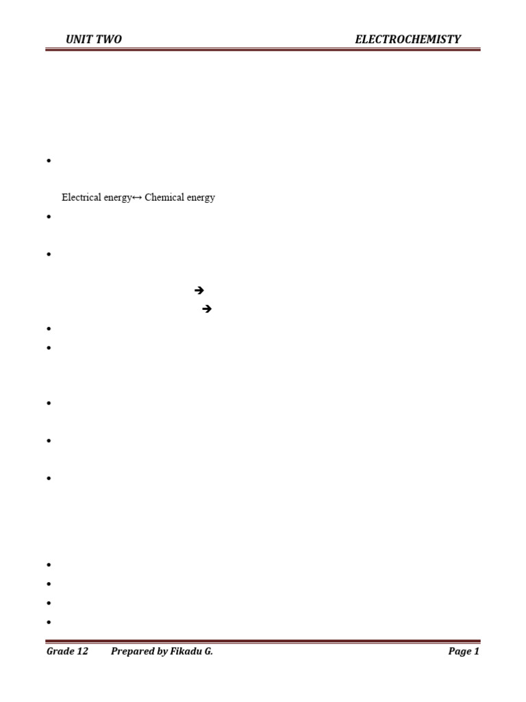 Electrochemistry (Unit-2) Grade 12 | PDF | Ion | Redox