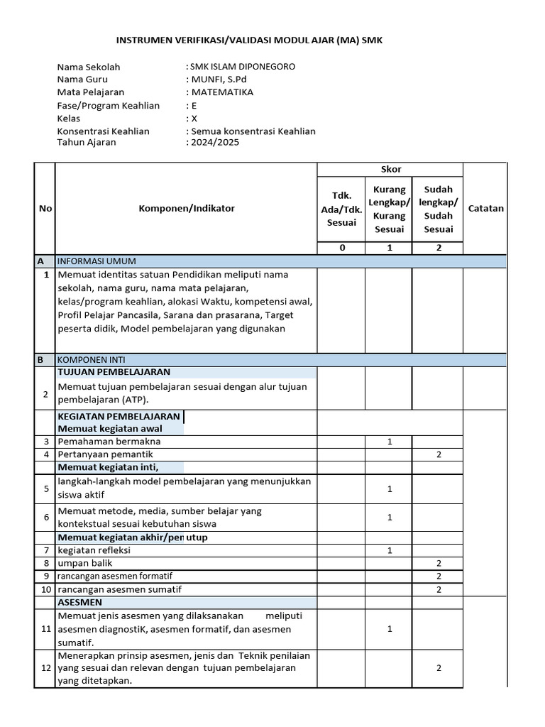 Instrumen Modul Ajar MTK X 2024-2025 | PDF